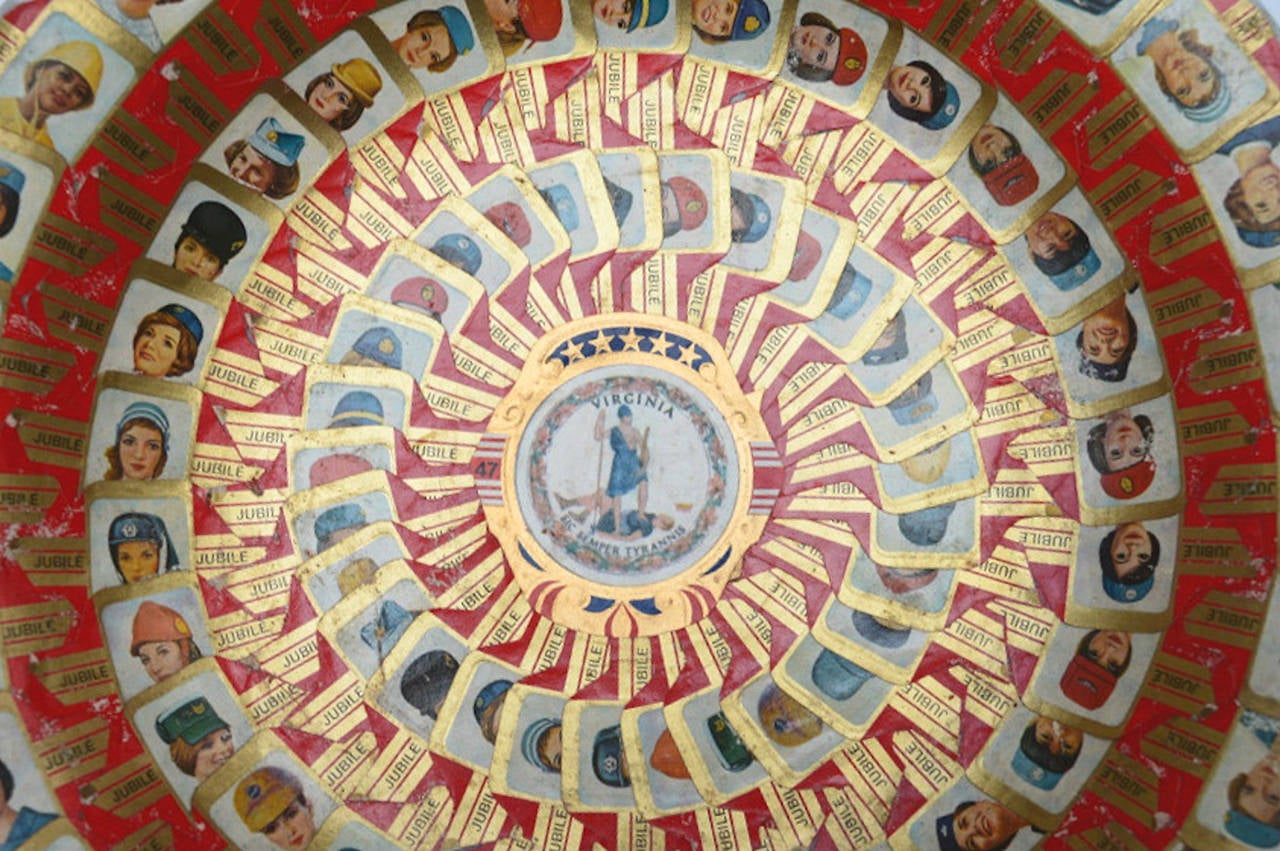 Folk Art Collection of Four Plates Decoupaged with Cigar Bands at 1stDibs