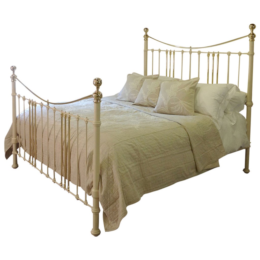 American Queen Size Cream Brass and Iron Bedstead at 1stDibs