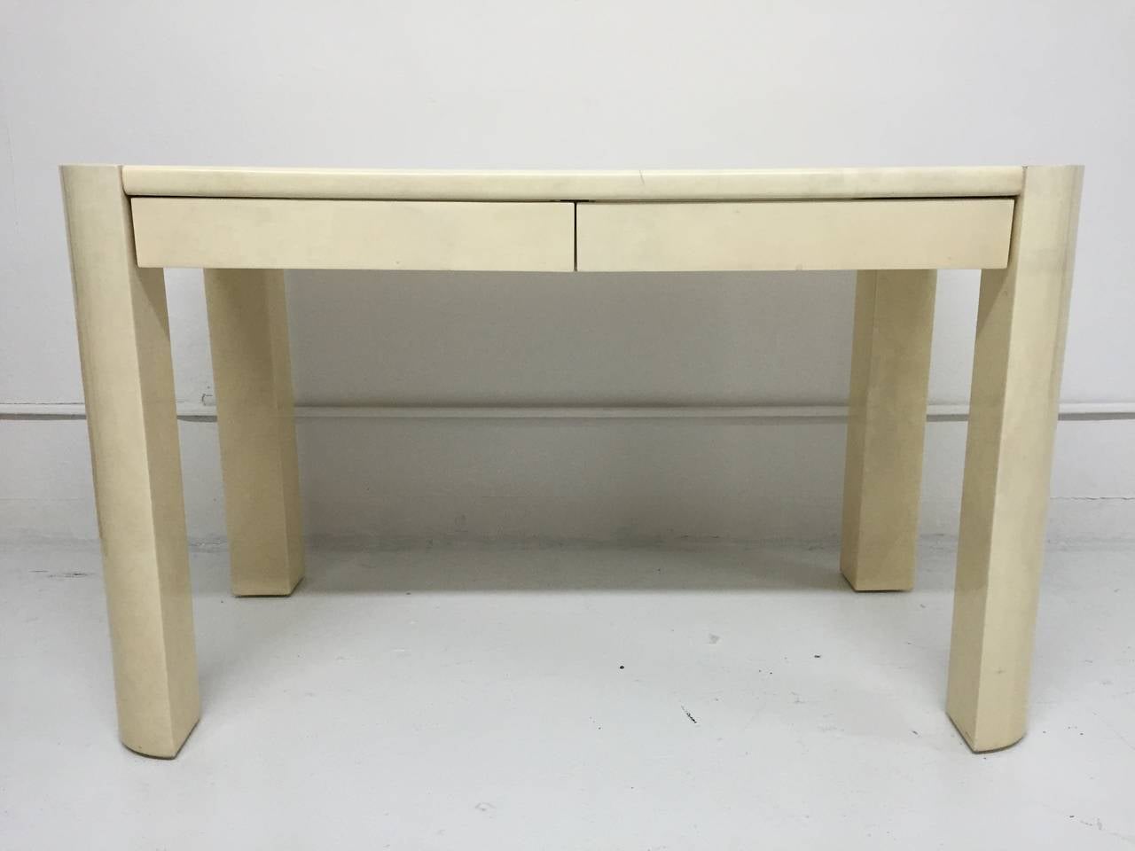 Karl Springer Angular Leg Desk in Ivory Lacquered Goatskin at 1stDibs