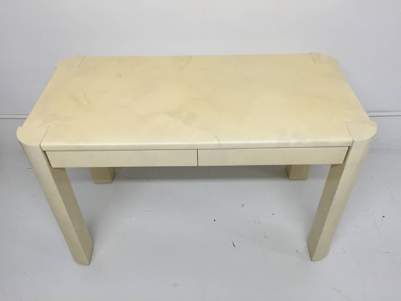 Karl Springer Angular Leg Desk in Ivory Lacquered Goatskin at 1stDibs