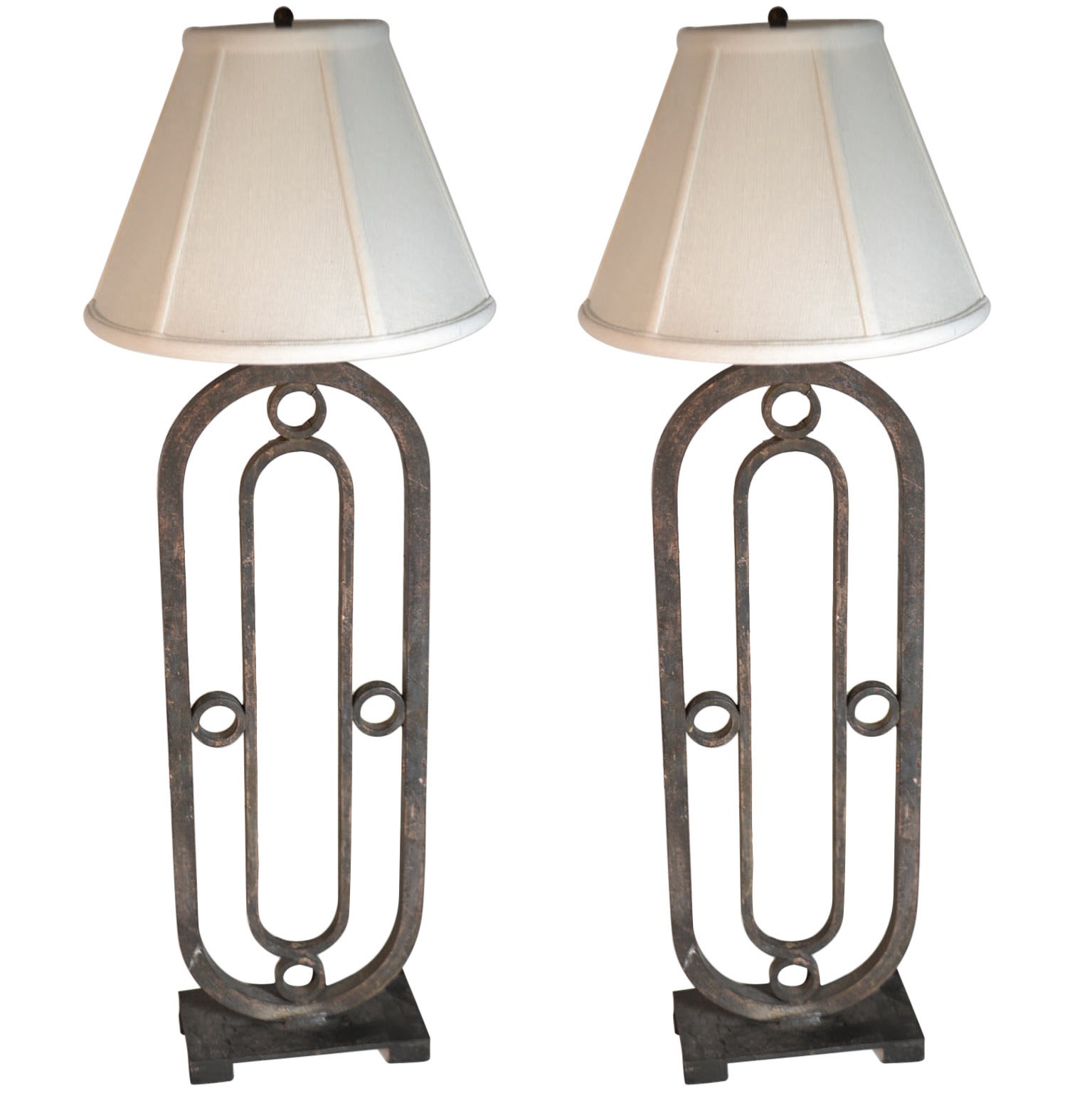 Pair of Matching Black Wrought Iron Panel Lamps For Sale at 1stDibs