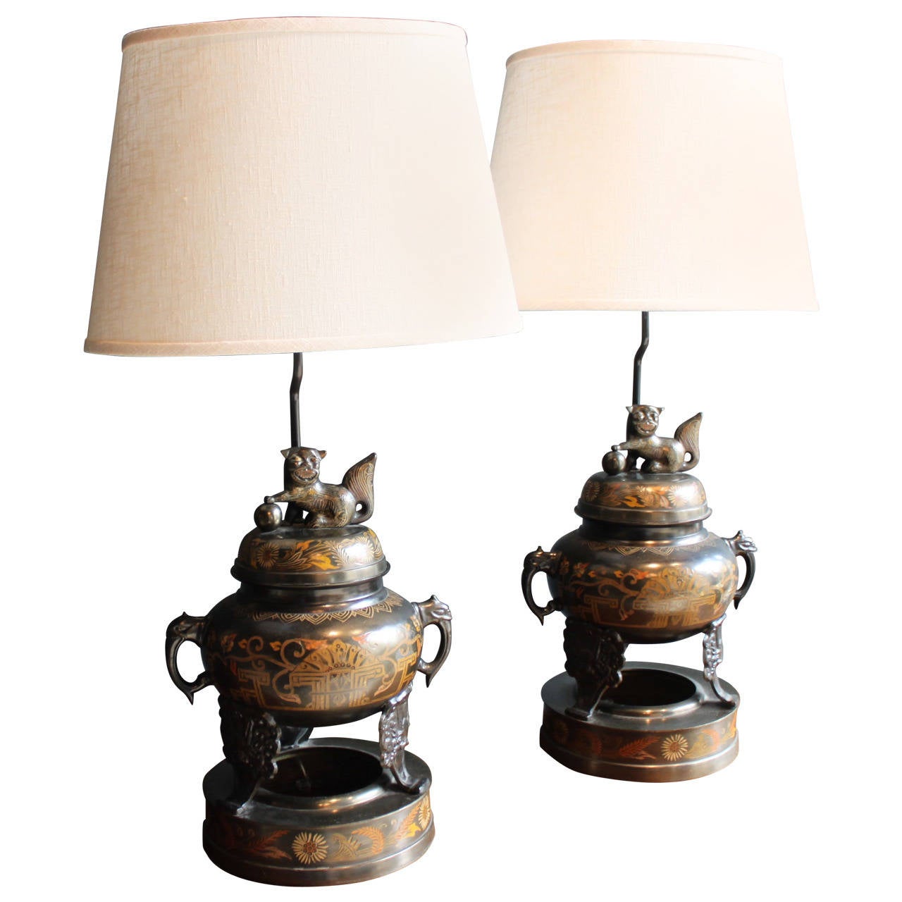 Pair of Marbro Censer Lamps with Foo Dogs and Elephant Handles at 1stDibs