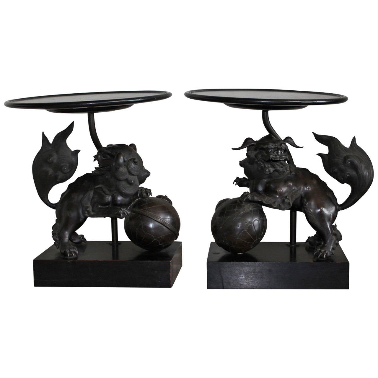 Pair of James Mont Bronze Foo Dog Tables with Ebony Tops, circa 1940s ...