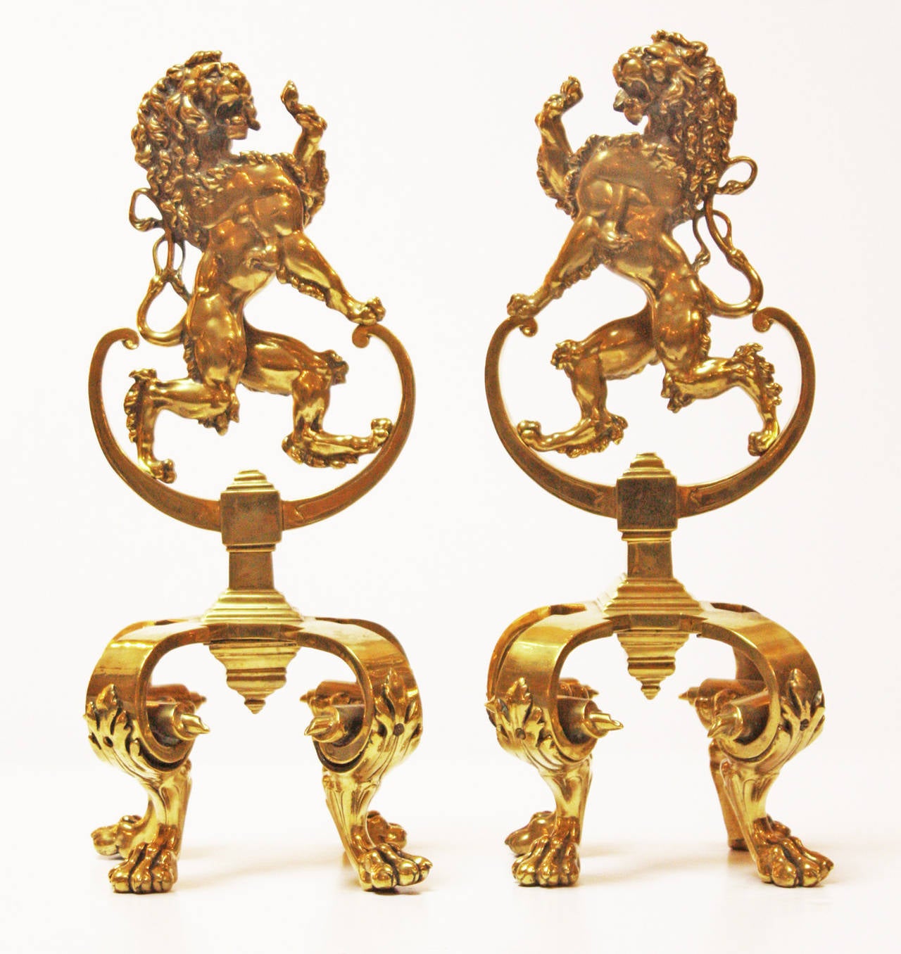 Pair of Elegant Andirons with Rampant Lions For Sale at 1stDibs