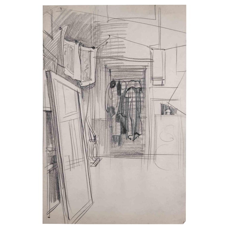 Sketch of an Interior - Pencil Drawing - Mid 20th century For Sale at ...