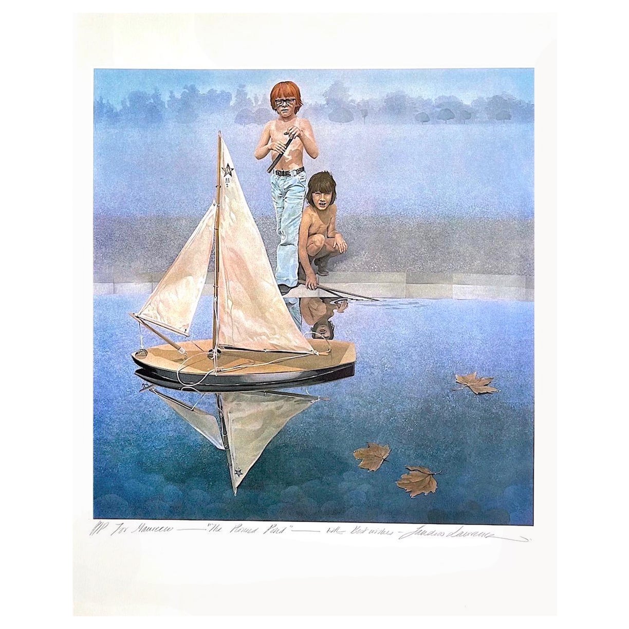 Sandra Lawrence - THE ROUND POND Signed Lithograph Two Young Boys ...