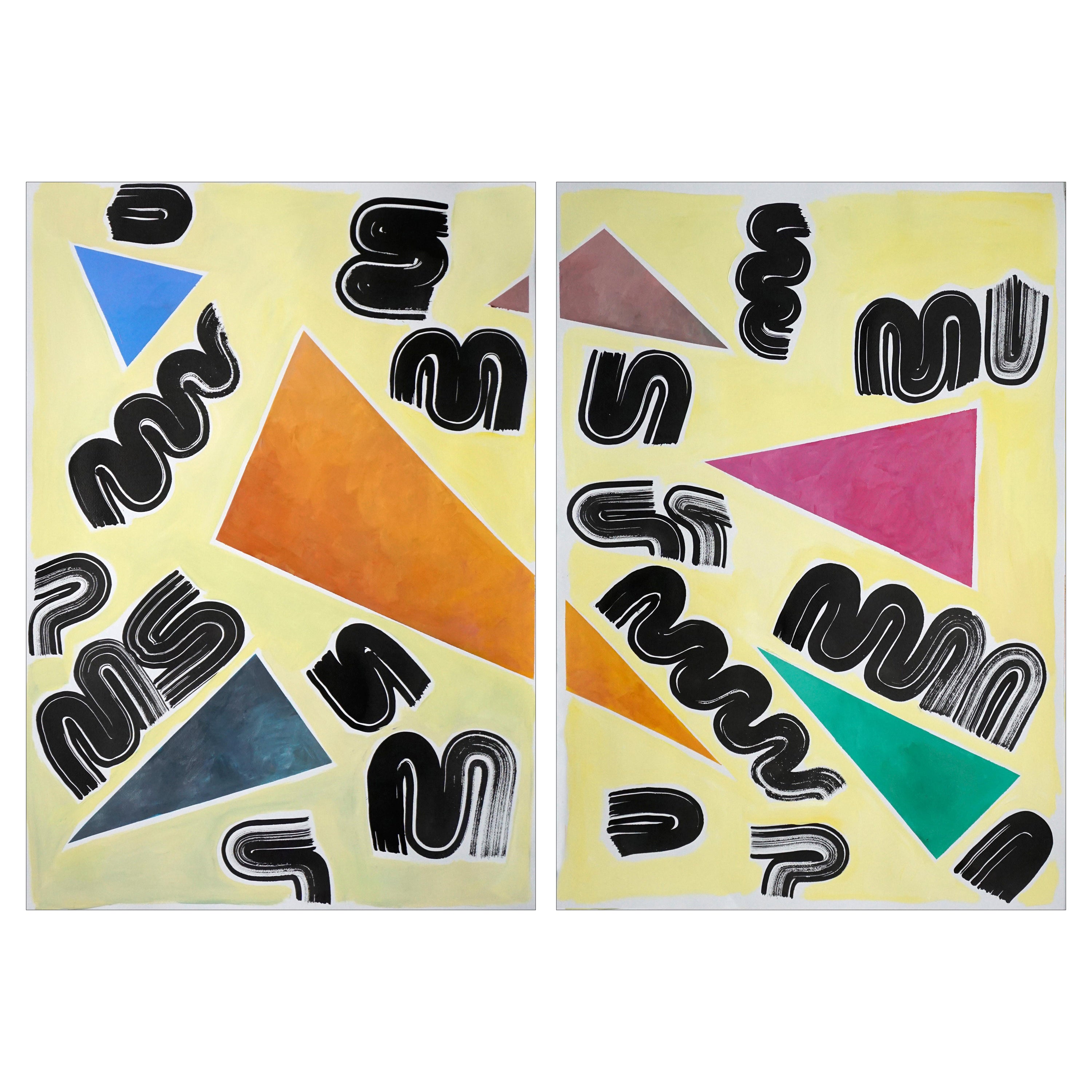 Natalia Roman - Pools of Colors I, Abstract Sixties Shapes on Turquoise ...