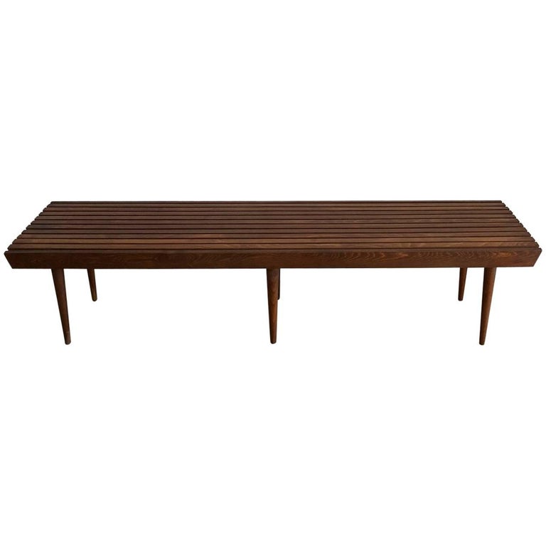 Midcentury Walnut Slat Bench or Coffee Table with Peg Legs at 1stDibs