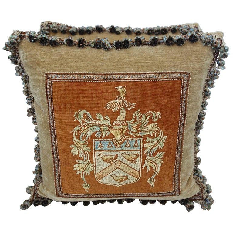 Italian Hand-Painted Velvet Pillows with Family Crest, a Pair at 1stDibs