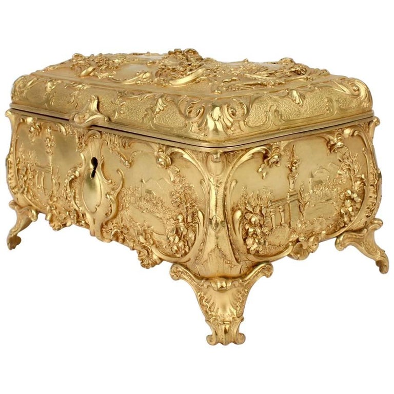 Large Antique Signed Gilt Doré Bronze Casket or Box with Landscape ...