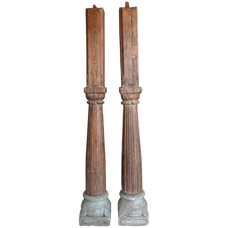 Superb Pair of Wood and Stone Base Pillars or Columns at 1stDibs ...