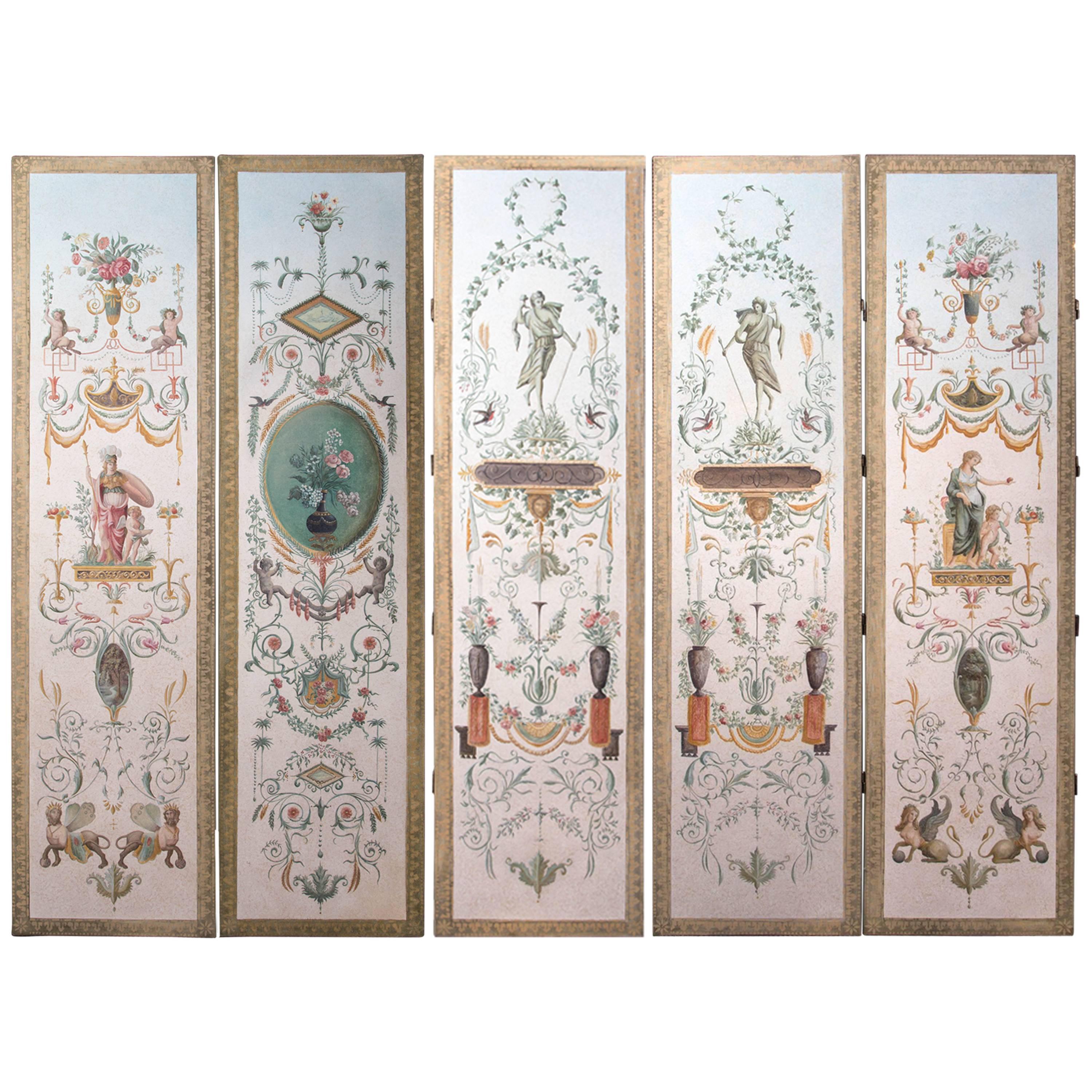 Hand-Painted on Canvas Five-Panel Screen at 1stDibs