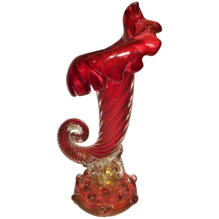 Large Cornucopia in Artistic Blown Murano Glass Red Gold Vase, circa ...