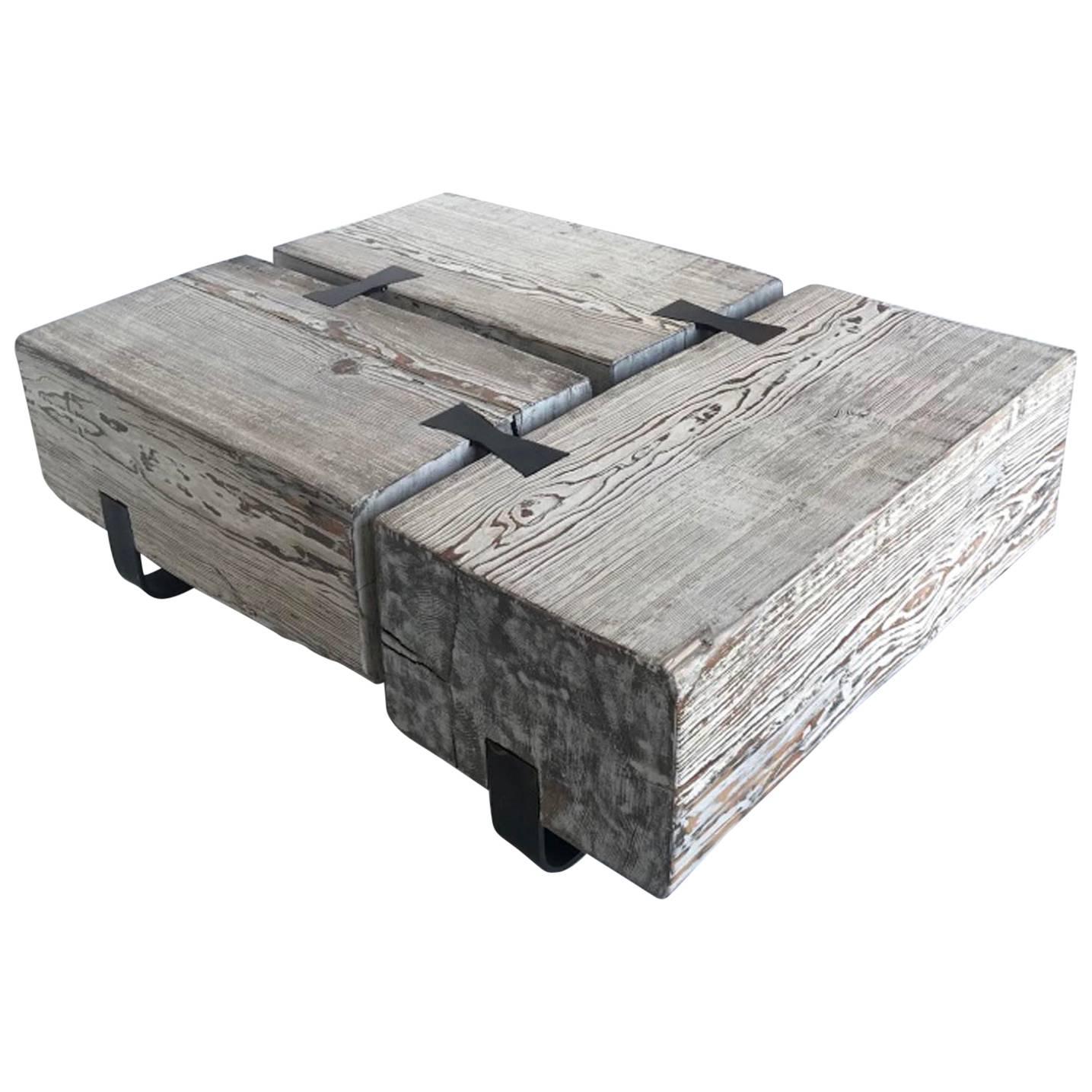 Rustic Wood Beam Coffee Table with Iron Base at 1stDibs