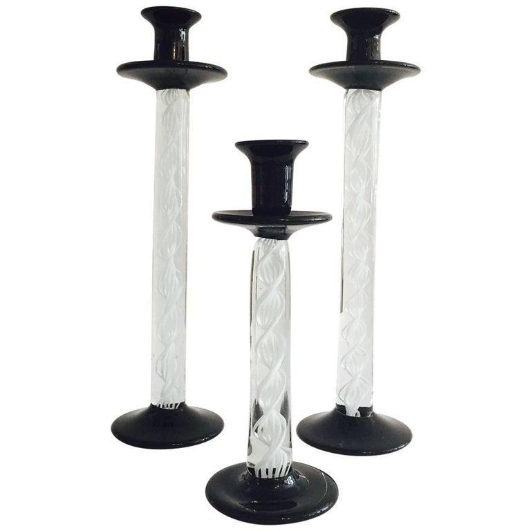 80'S Italian Murano Glass Black and White Swirl Candlestick Set Of ...