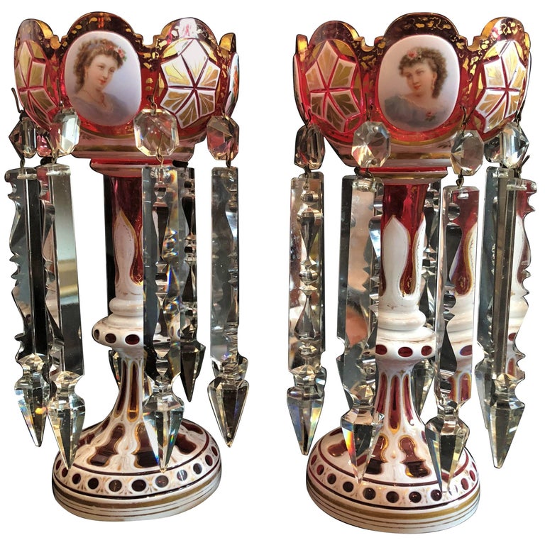 Pair of Bohemian Cranberry Cut Glass Lusters, Women's Portrait ...