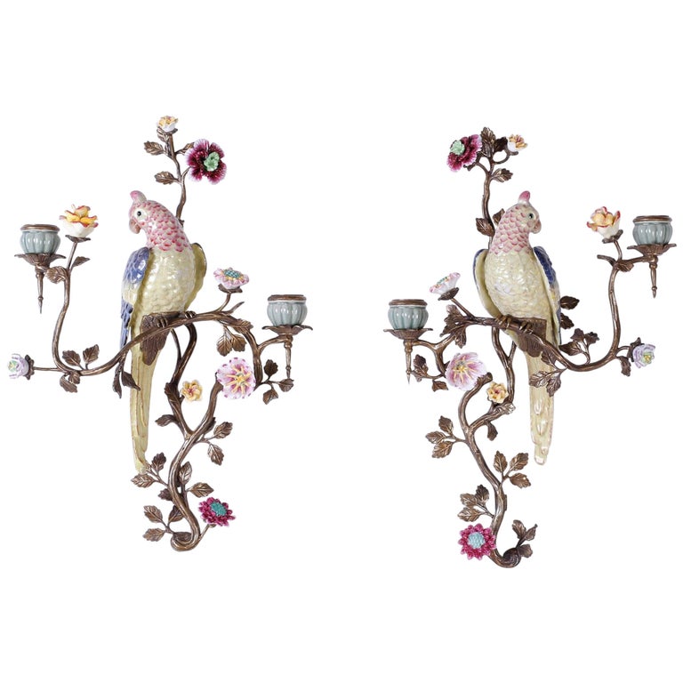 Pair of Porcelain Bird Sconces in Brass with Porcelain Flowers at ...