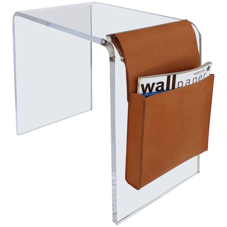 Custom Made Lucite Side Table with Leather Magazine Pocket For Sale at ...
