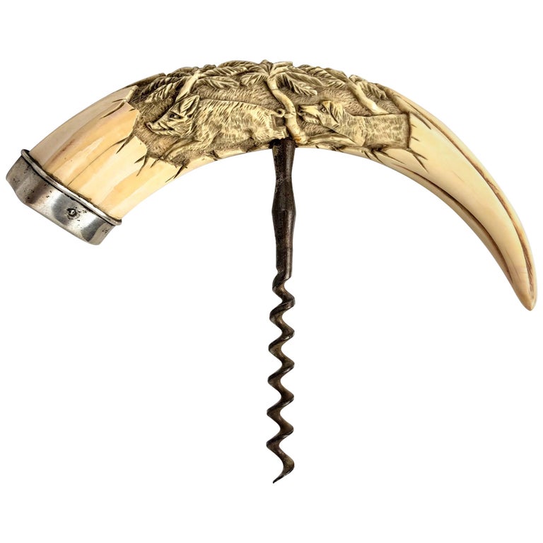 Sterling and Boar's Tusk Corkscrew Wine Bottle Opener, circa 1880 For ...