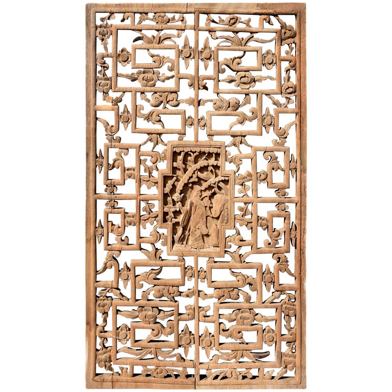 Chinese Antique Screen Panel with Peach and Peony at 1stDibs