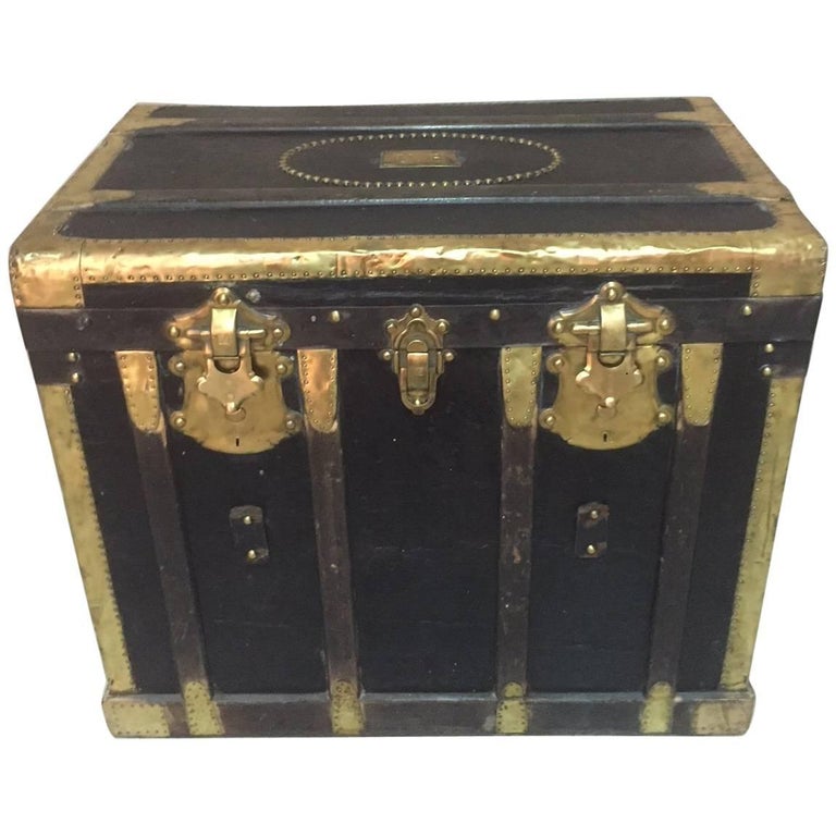 English Mid-19th Century Camphor Wood Trunk, Leather and Brass Bound ...