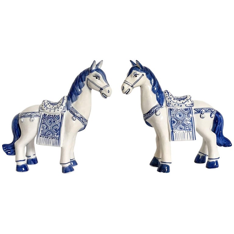 Blue and White Chinese Horse Statues, Pair at 1stDibs