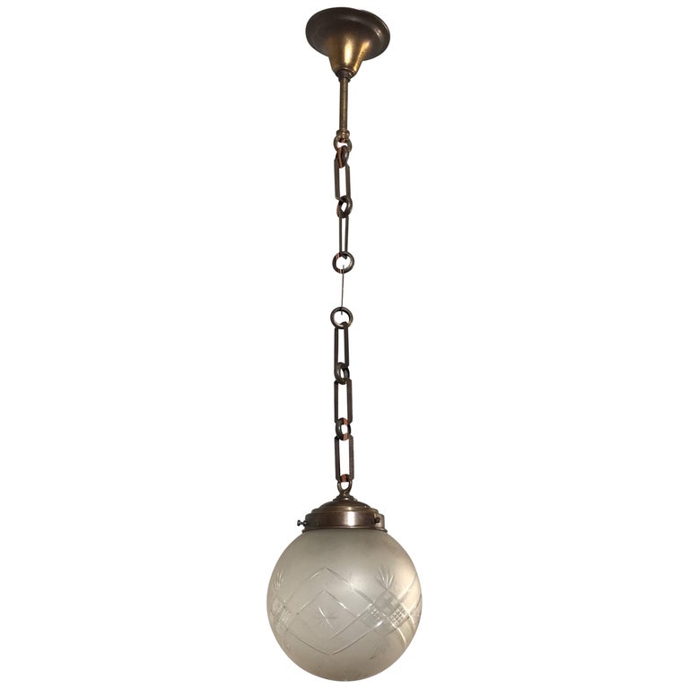 Early 20th Century Brass and Hand-Cut Glass Globe Small Pendant Light Fixture at 1stDibs