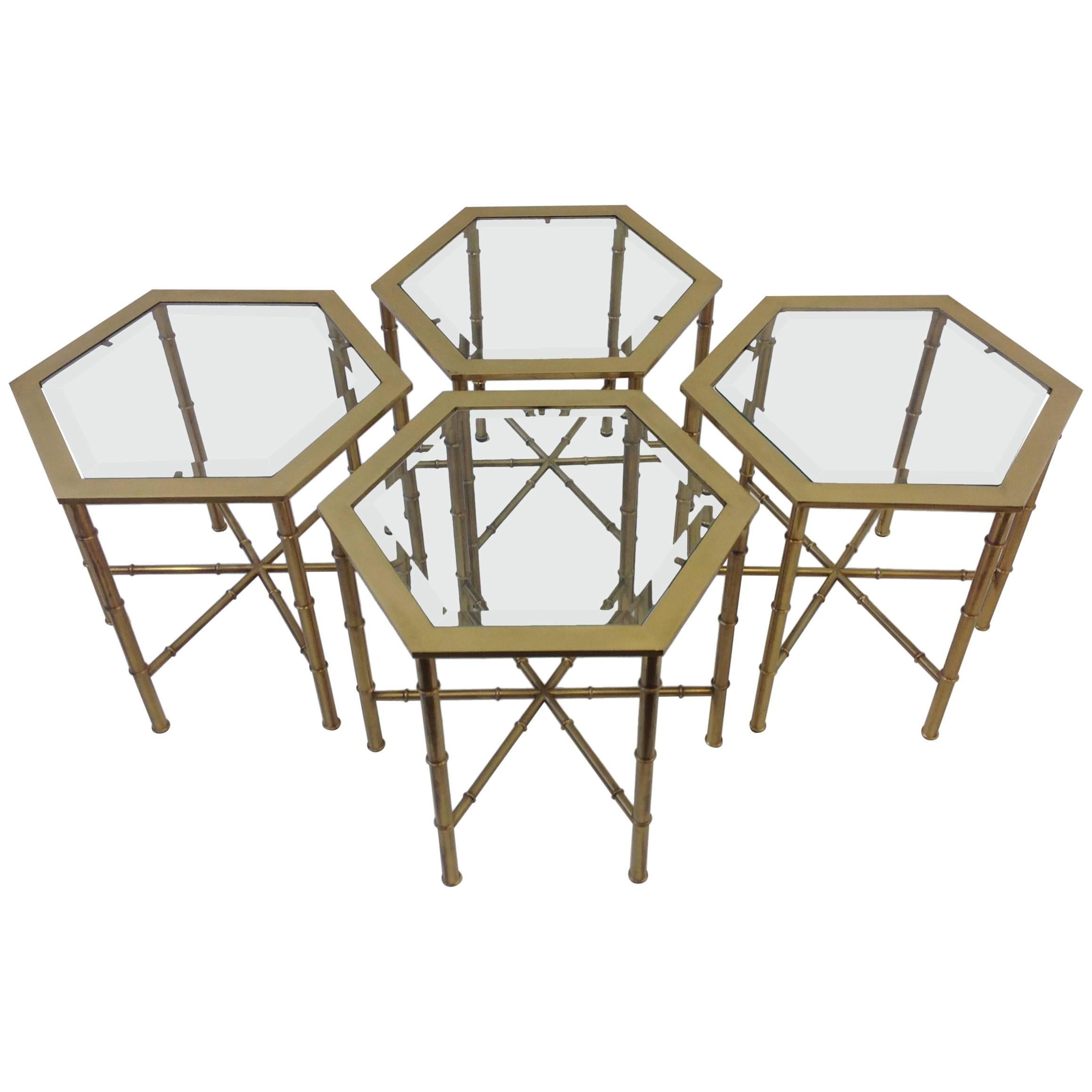 Set of Four Aged Brass and Glass Hexagonal Side Tables by Mastercraft ...
