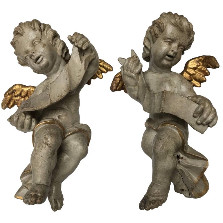 Pair of 17th Century Italian Baroque Carved and Painted Cherubs ...