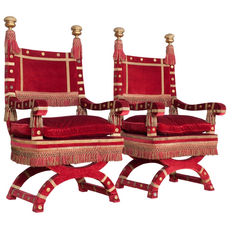 Eclectic Red Velvet Italian Throne Chairs For Sale at 1stDibs