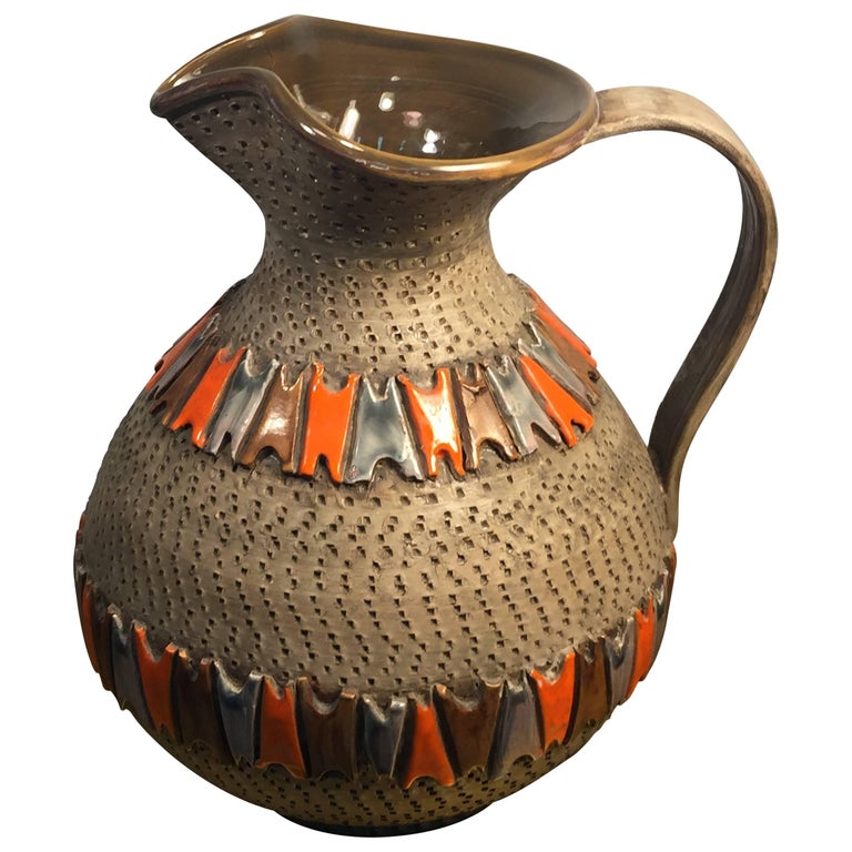 Italian Mid Century Pottery Pitcher For Sale at 1stDibs
