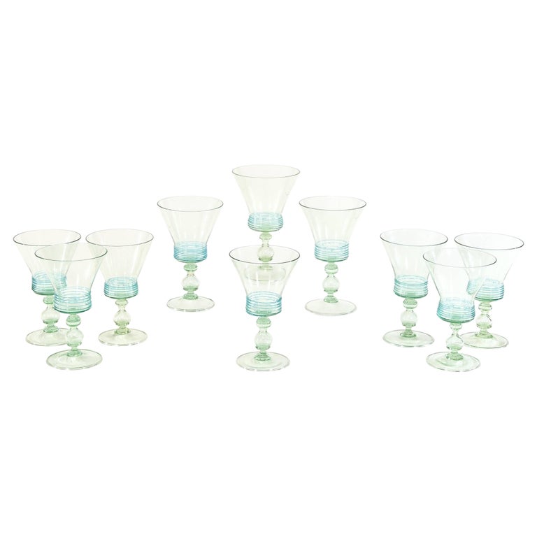 10 Venetian Hand Blown Sea Green Goblets W/ Applied Turquoise Threading ...