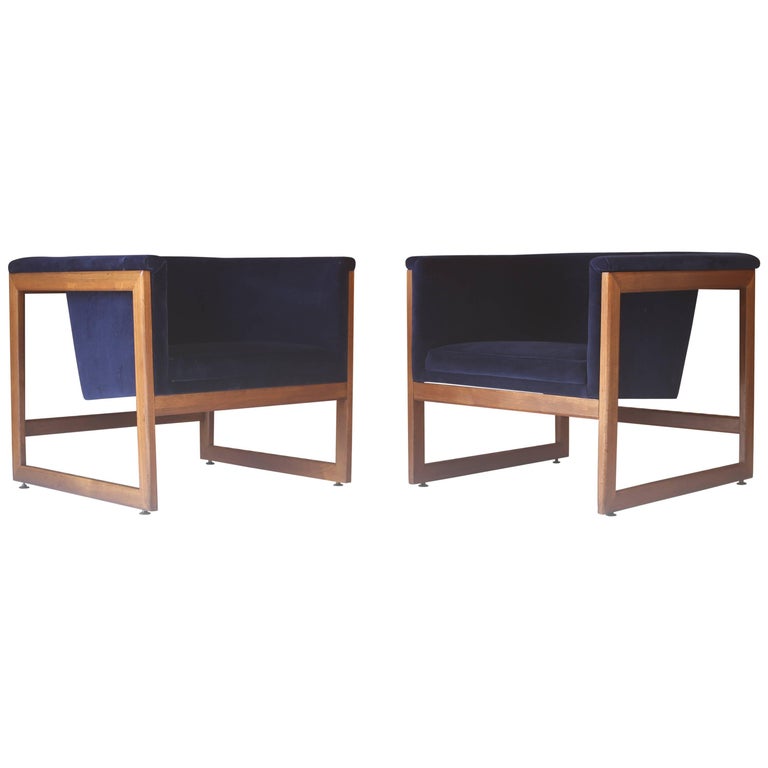 Pair of Milo Baughman Cube Lounge Chairs in Walnut and Deep Blue Velvet ...