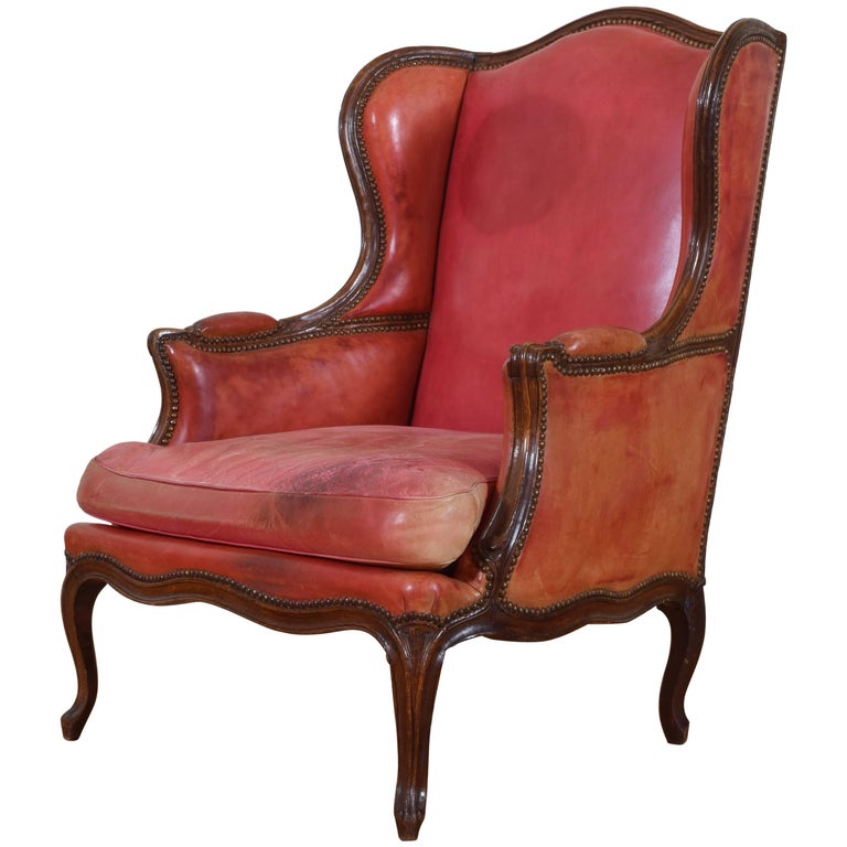 French Louis XV Style Walnut and Red Leather Upholstered Bergere, 19th ...