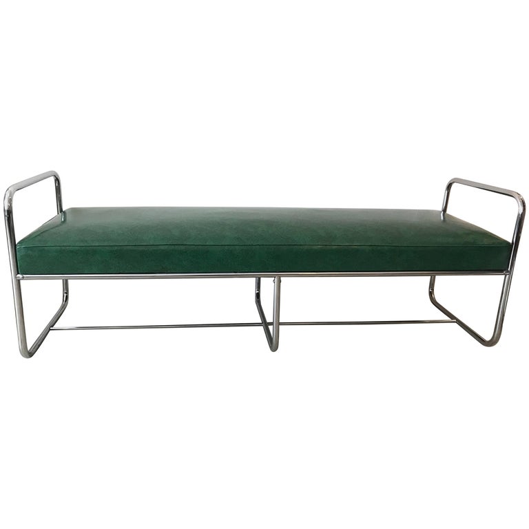 Chrome Streamline Modern Bench, Green Vinyl in the Style of KEM Weber ...