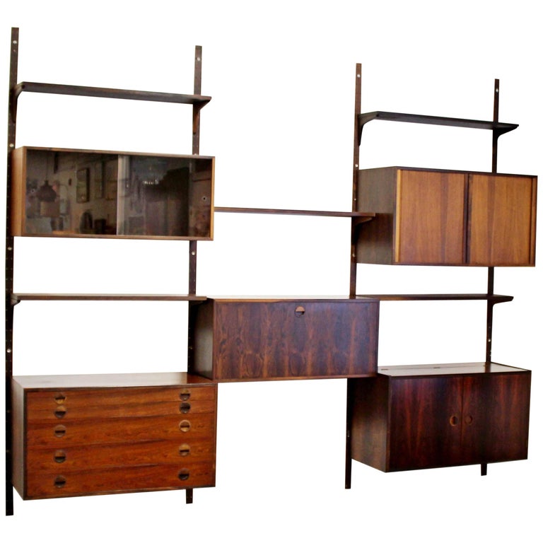 Mid-Century Modern Rosewood Shelving Wall Unit Five-Drawer Seven-Shelf ...