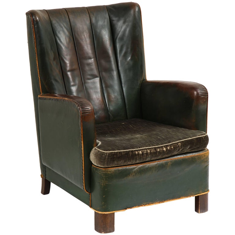 Green Leather Club Chair with Fluted Channeled Back Detail with Piping ...