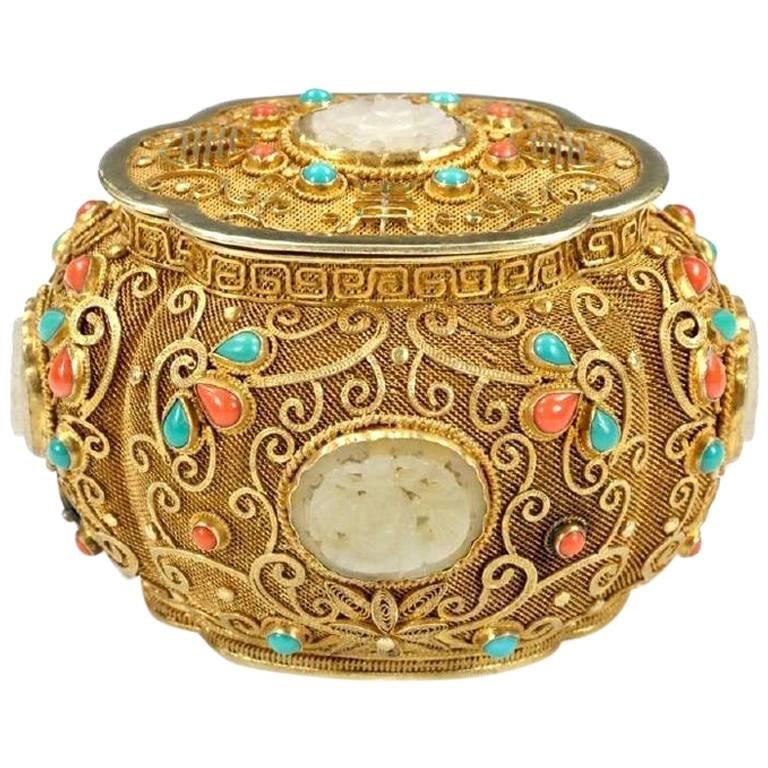 Chinese Sterling Silver Gilt Filigree Covered Box with Carved Jade at ...
