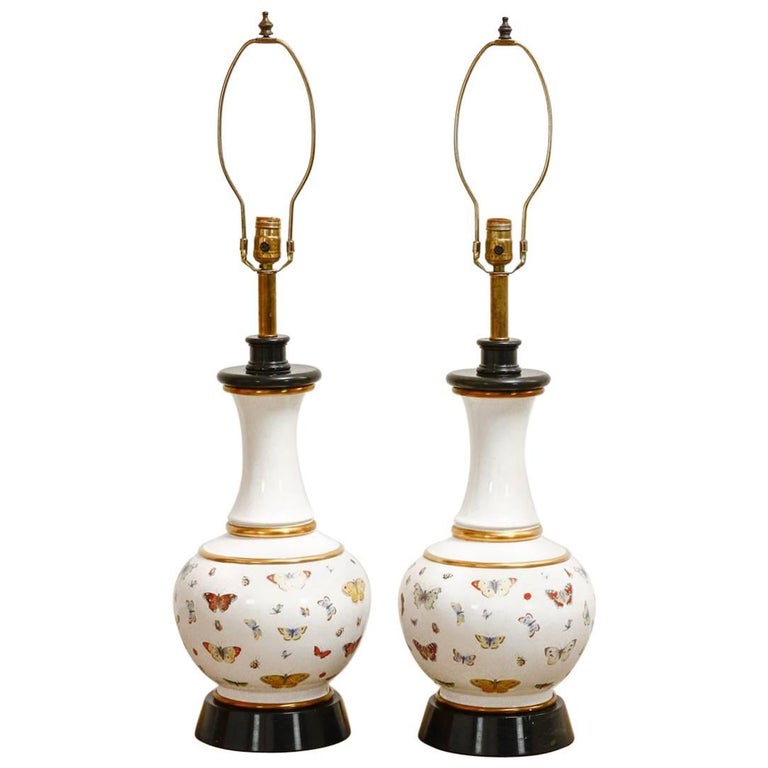 Pair of Decalcomania Style Butterfly Specimen Porcelain Table Lamps at ...