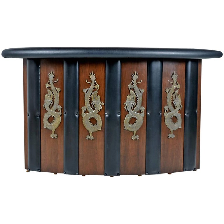 Custom-Made Large Asian Modern Black Tufted Vinyl Bar with Carved Wood ...