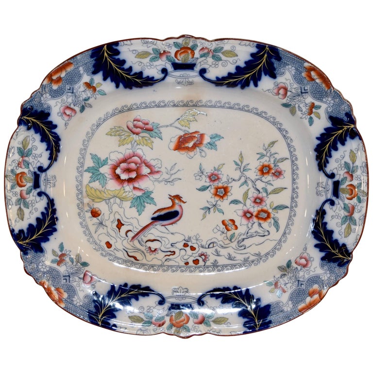 Large 19th Century English Blue Willow Ironstone Meat Platter with ...