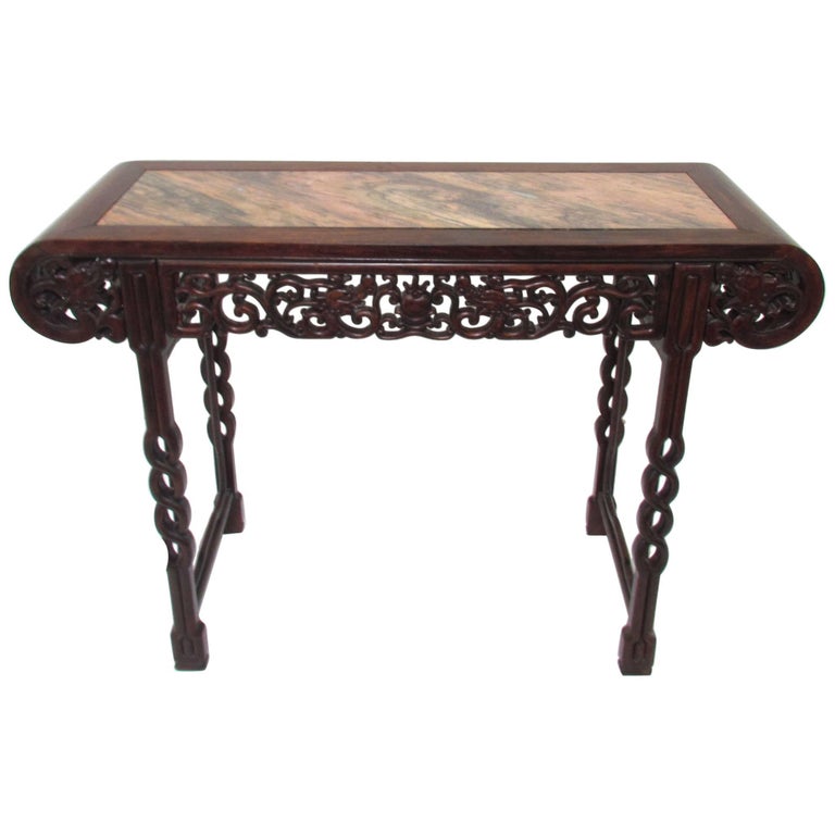 Antique Carved Wood and Pink Marble Chinese Altar/Console Table at 1stDibs