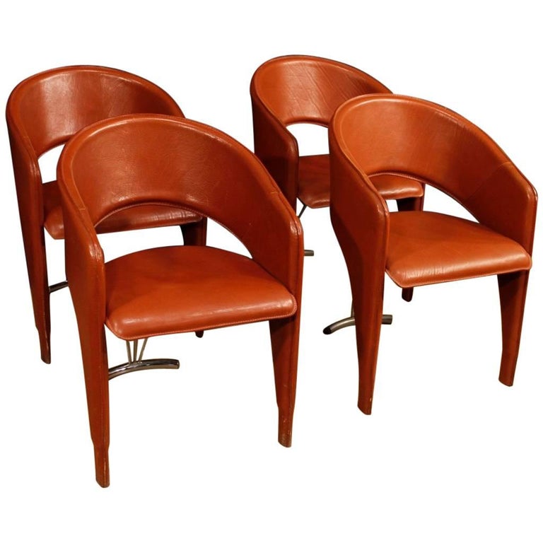 Group of Four Italian Design Chairs in Leather and Metal from 20th ...