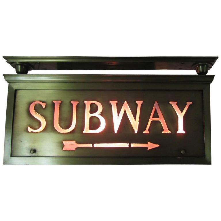 Brass With Tiffany Glass NYC Electric Subway Sign, circa 1920 at 1stDibs