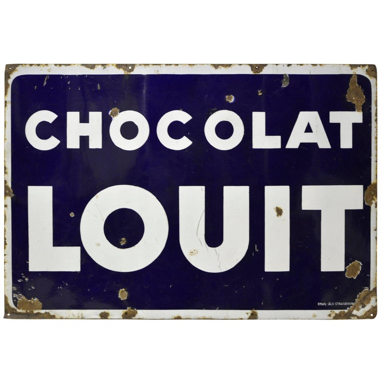 1960s Large French Blue and White Enamel Metal Chocolat Louit Sign at ...