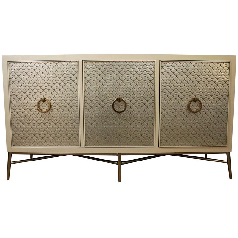 French Regency Silver Leaf Fish Scale Lacquer Wood Media Console ...