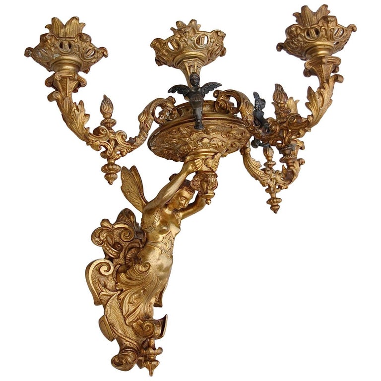 Wall-Mounted Brass Candelabra with Fairy Figurines, 19th Century at 1stDibs