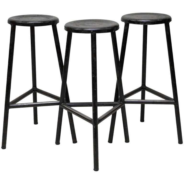 1960s Three Black Metal Italian Industrial Three-Legged Bar High Stools ...