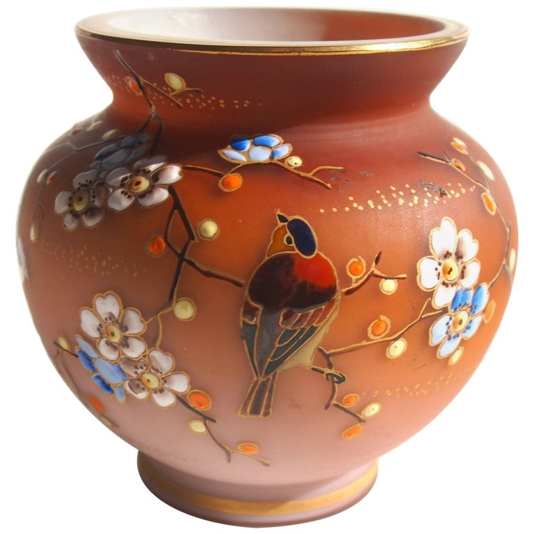 Bohemian Loetz Victorian Enameled Bird Glass Vase at 1stDibs