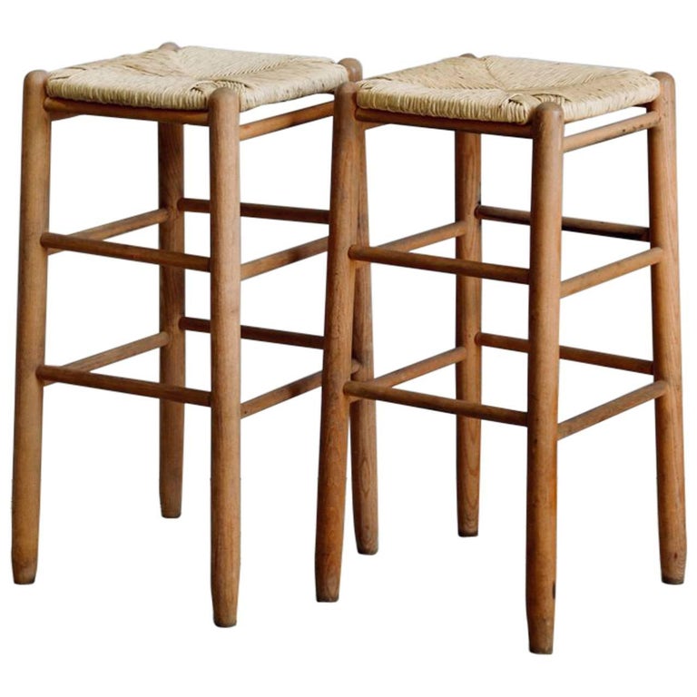 Pair of Rush Bar Stools in the Style of Charlotte Perriand at 1stDibs